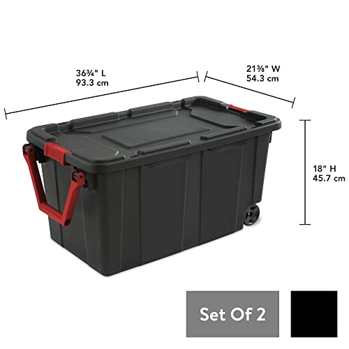 Generic 40 Gallon Plastic Wheeled Industrial Storage Bin Tote Organizing Container With Durable Lid and Secure Latching Buckles , Stackable and Nestable Snap Lid Plastic Storage Bin, 2 Pack, Black With Red Buckle