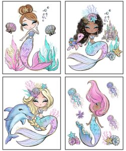 mermaid art wall decor bathroom wall art prints mermaid posters for girls bedroom set of 4 unframed (8”x10”) mermaid nursery wall art watercolor ocean bathroom decor posters for teen girls room