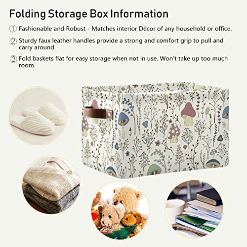 ZOEO Large Storage Basket, Mushroom Plant Flower Foldable Storages Box Organizer Bins with Leather Handles for Shelves Closet Bedroom, Theme Party