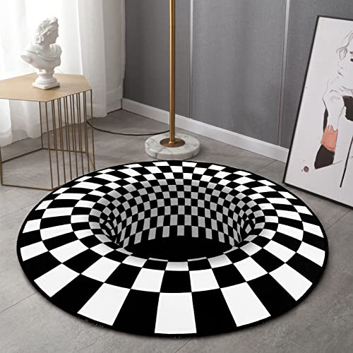 TTSITG 3D Visual Optical Floor Mat, 3D Vortex Illusion Rug Black White Plaid Round Rugs Non-Slip 3D Visual Area Rugs for Dining Room Carpet Home Bedroom Floor Mat (39Inch)