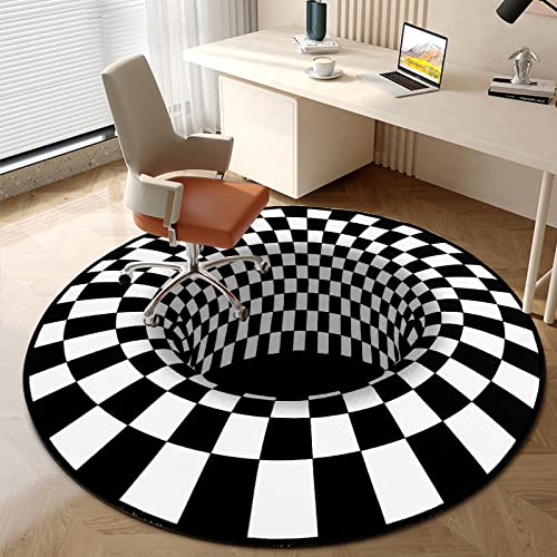 TTSITG 3D Visual Optical Floor Mat, 3D Vortex Illusion Rug Black White Plaid Round Rugs Non-Slip 3D Visual Area Rugs for Dining Room Carpet Home Bedroom Floor Mat (39Inch)