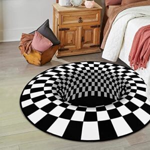 TTSITG 3D Visual Optical Floor Mat, 3D Vortex Illusion Rug Black White Plaid Round Rugs Non-Slip 3D Visual Area Rugs for Dining Room Carpet Home Bedroom Floor Mat (39Inch)