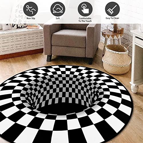 TTSITG 3D Visual Optical Floor Mat, 3D Vortex Illusion Rug Black White Plaid Round Rugs Non-Slip 3D Visual Area Rugs for Dining Room Carpet Home Bedroom Floor Mat (39Inch)