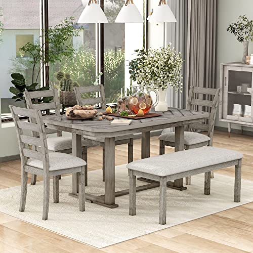 CITYLIGHT 6 Piece Kitchen Dining Table Set, Rubber Wood Rectangular Dining Table with Beautiful Wood Grain Pattern Tabletop Solid Wood Veneer and Soft Cushion for Home, Dining Room(Gray)