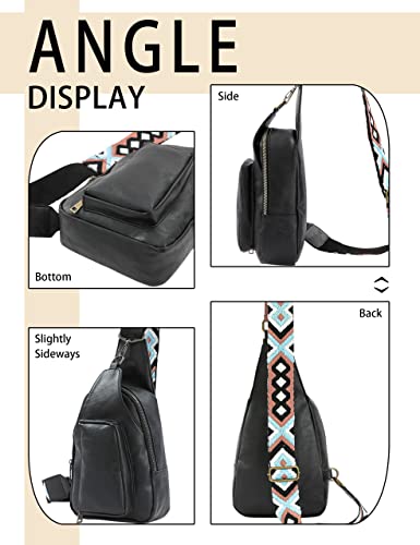 Ocahuel Women Sling Bags Crossbody Chest Bag Purse Leather Wide Guitar Strap Satchel Daypack Retro Shoulder Backpack Travel Hiking Black