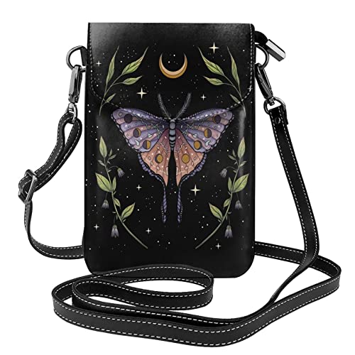 Fashion Moth Moon Animals Leather Cell Phone Purse Messenger Bag Pouch Crossbody Bags Travel Wallet Handbag Adjustable Strap For Women Girl Teen Gifts