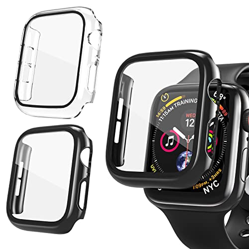 [2 Pack] Compatible for Apple Watch Case 44mm Series 6/5/4/SE iWatch Screen Protector 44mm Ultra-Thin Watch Cover Built in Tempered Glass Full Coverage for Women Men(Black + Clear)