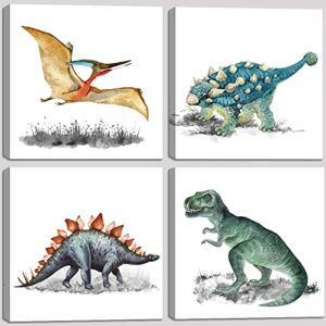 dinosaur wall art watercolor dinosaurs pictures framed dino canvas print, christmas gift for boys girls kids bedroom nursery room wall decorations 4 pieces, tyrannosaurus rex, pterosaur, stegosaur，ankylosaurus, ready to hang