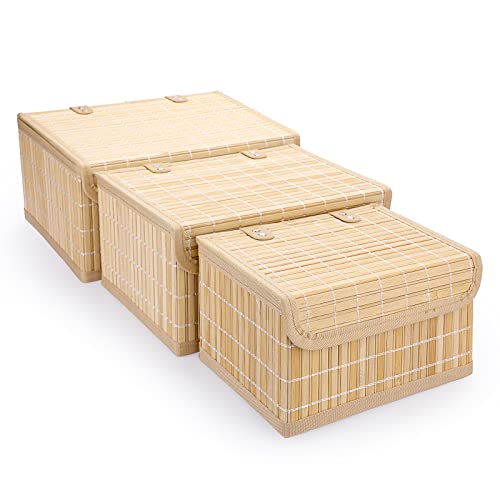 Hipiwe Bamboo Decorative Storage Bins with Lid & Lining- Set of 3 Shelf Basket Box Rectangle Basket Box Lidded Home Storage Bins for Closet Home Shelf Organizing