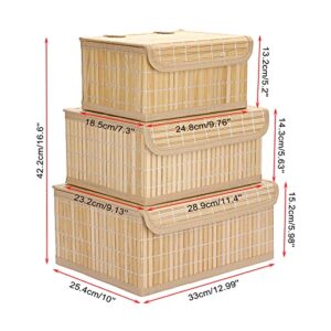 Hipiwe Bamboo Decorative Storage Bins with Lid & Lining- Set of 3 Shelf Basket Box Rectangle Basket Box Lidded Home Storage Bins for Closet Home Shelf Organizing