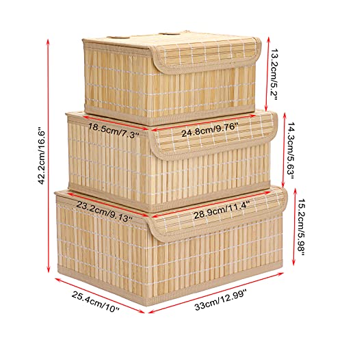 Hipiwe Bamboo Decorative Storage Bins with Lid & Lining- Set of 3 Shelf Basket Box Rectangle Basket Box Lidded Home Storage Bins for Closet Home Shelf Organizing