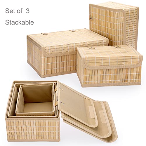 Hipiwe Bamboo Decorative Storage Bins with Lid & Lining- Set of 3 Shelf Basket Box Rectangle Basket Box Lidded Home Storage Bins for Closet Home Shelf Organizing