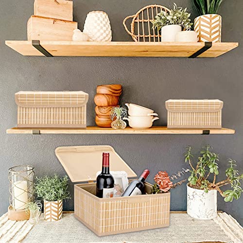 Hipiwe Bamboo Decorative Storage Bins with Lid & Lining- Set of 3 Shelf Basket Box Rectangle Basket Box Lidded Home Storage Bins for Closet Home Shelf Organizing