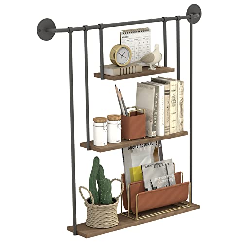 Industrial Floating Shelf Wall Mounted, Rustic Metal Hanging Book Shelf for Wall, Pipe Shelving with Wood Plank, 3 Tier Wall Shelf for Bedroom, Storage Shelves for Living Room, Bathroom,Kitchen