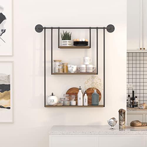 Industrial Floating Shelf Wall Mounted, Rustic Metal Hanging Book Shelf for Wall, Pipe Shelving with Wood Plank, 3 Tier Wall Shelf for Bedroom, Storage Shelves for Living Room, Bathroom,Kitchen