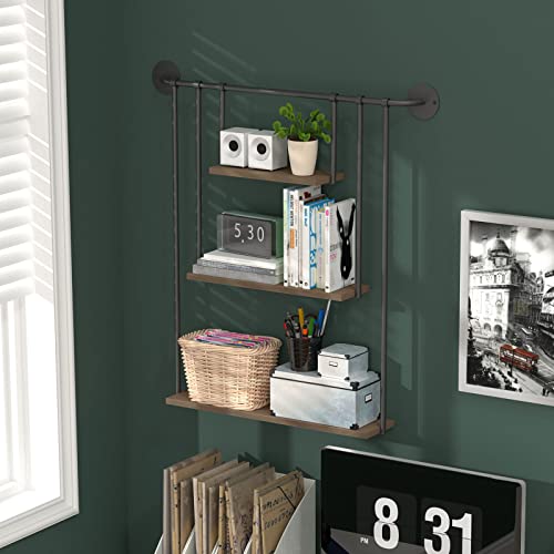 Industrial Floating Shelf Wall Mounted, Rustic Metal Hanging Book Shelf for Wall, Pipe Shelving with Wood Plank, 3 Tier Wall Shelf for Bedroom, Storage Shelves for Living Room, Bathroom,Kitchen