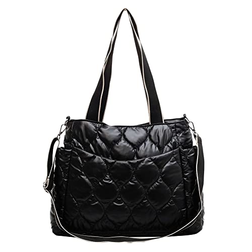 Fashion Casual Autumn Winter Cotton Clothes Quilted Ladies Large Capacity Shoulder Bag Tote Bag for Women Crossbody Satchels Portable Travel(01-Black)