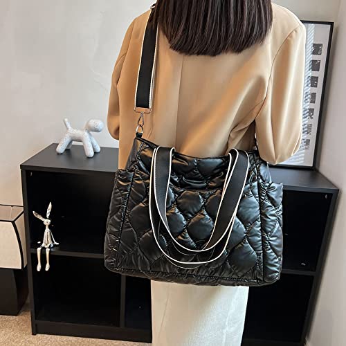 Fashion Casual Autumn Winter Cotton Clothes Quilted Ladies Large Capacity Shoulder Bag Tote Bag for Women Crossbody Satchels Portable Travel(01-Black)