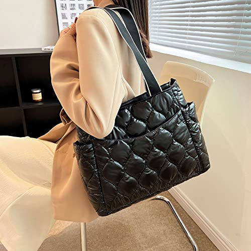 Fashion Casual Autumn Winter Cotton Clothes Quilted Ladies Large Capacity Shoulder Bag Tote Bag for Women Crossbody Satchels Portable Travel(01-Black)