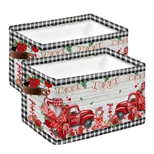 Valentine Large Storage Baskets Bins Waterproof Fabric, Saint Truck Red Rose Boho Farmhouse Plaid Rectangular Storage Box for Shelf Closet Organizer ( 2 Pack)