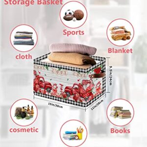 Valentine Large Storage Baskets Bins Waterproof Fabric, Saint Truck Red Rose Boho Farmhouse Plaid Rectangular Storage Box for Shelf Closet Organizer ( 2 Pack)