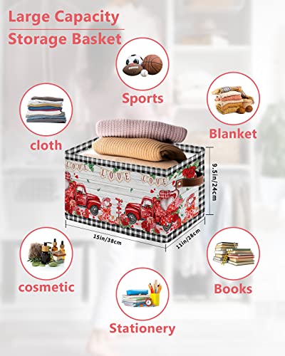 Valentine Large Storage Baskets Bins Waterproof Fabric, Saint Truck Red Rose Boho Farmhouse Plaid Rectangular Storage Box for Shelf Closet Organizer ( 2 Pack)