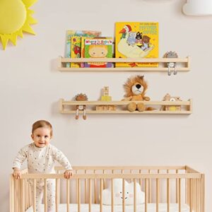 Fun Memories Nursery Book Shelves Set of 2 - Rustic Natural Solid Wood Floating Bookshelf for Kids - Wall Book Shelves Kitchen Spice Rack for Kids Room, Home Decor - Natural Wood - 32 Inch