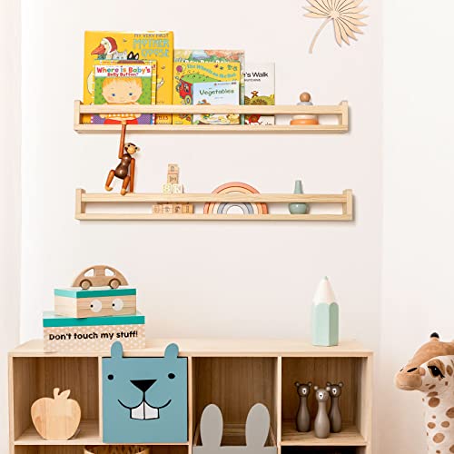 Fun Memories Nursery Book Shelves Set of 2 - Rustic Natural Solid Wood Floating Bookshelf for Kids - Wall Book Shelves Kitchen Spice Rack for Kids Room, Home Decor - Natural Wood - 32 Inch