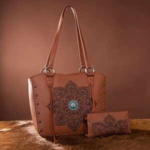 Montana West Western Tote Bag for Women Concealed Carry Shoulder Handbag Tooling Vegan Leather Purses with Wallet Brown MBB-MWC-144W-BR