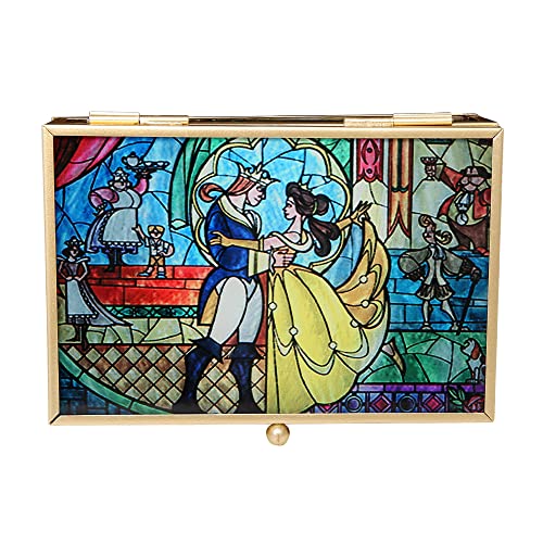 Disney Princess Beauty and the Beast Jewelry Box - Glass Jewelry Case with Stained Glass Belle and the Prince