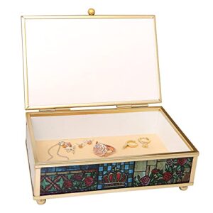 Disney Princess Beauty and the Beast Jewelry Box - Glass Jewelry Case with Stained Glass Belle and the Prince