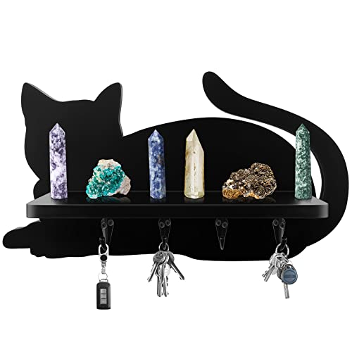 Black Cat Wooden Wall Shelf with Hanging Hooks Cute Cat Crystal Shelf Display Black Cat Decor Gothic Wall Decor Black Cat Decor for Bathroom Dinning Room Halloween Supplies