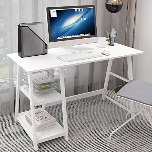 Natwind 47" White Desk Home Office Computer Working Kid Student Study Table with 2-Tier Storage Bookshelves Modern Simple Study Laptop Writing Elegant Style Desk Workstation for Office Home （White）