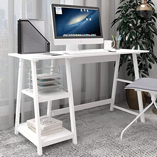 Natwind 47" White Desk Home Office Computer Working Kid Student Study Table with 2-Tier Storage Bookshelves Modern Simple Study Laptop Writing Elegant Style Desk Workstation for Office Home （White）