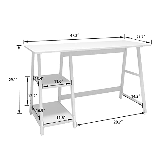 Natwind 47" White Desk Home Office Computer Working Kid Student Study Table with 2-Tier Storage Bookshelves Modern Simple Study Laptop Writing Elegant Style Desk Workstation for Office Home （White）