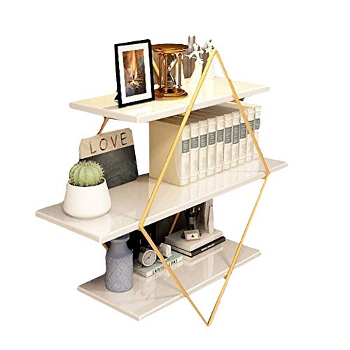 PIBM Stylish Simplicity Shelf Wall Mounted Floating Rack Shelves Rhombus Iron Art Solid Wood Bookshelf Flower Stand Living Room Save Space,2 Sizes,3 Layers, White , 60x20x60cm