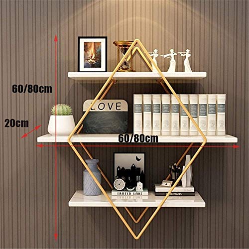 PIBM Stylish Simplicity Shelf Wall Mounted Floating Rack Shelves Rhombus Iron Art Solid Wood Bookshelf Flower Stand Living Room Save Space,2 Sizes,3 Layers, White , 60x20x60cm