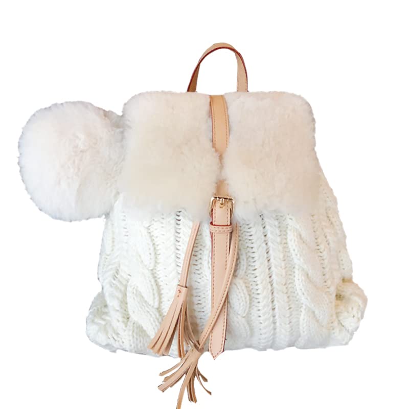 Cute Plush Knit Fuzzy Backpack for Girls Women, Fluffy Backpack with Faux Fur Knitting Kawaii School Supplies Daily Use, Furry Sherpa Fleece Plush Backpack