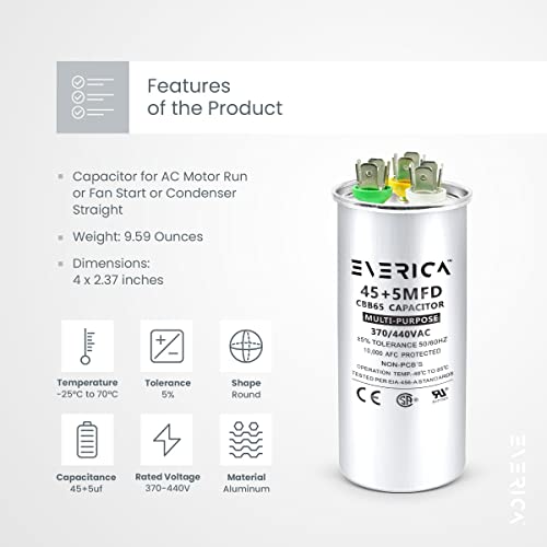 EVERICA 45+5 uF 45/5 MFD ±6% 370V/440VAC CBB65 HVAC Dual Run Circular Start 45/5 440v Capacitor for AC Air Conditioning Run Capacitor Motor Run Fan Start or Condenser Straight