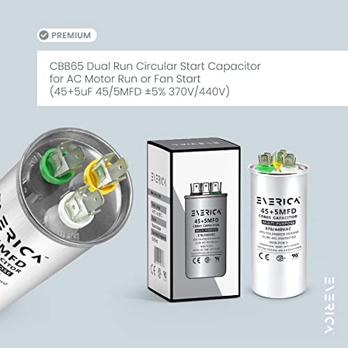 EVERICA 45+5 uF 45/5 MFD ±6% 370V/440VAC CBB65 HVAC Dual Run Circular Start 45/5 440v Capacitor for AC Air Conditioning Run Capacitor Motor Run Fan Start or Condenser Straight