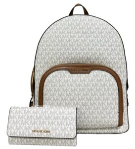 michael kors jaycee large backpack school bag bundled with michael kors jet set travel large trifold wallet mk signature (vanilla mk)