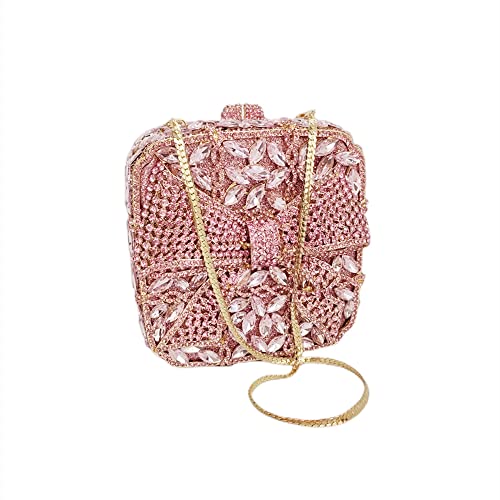 Bowknot Cute Women Crystal Box Clutch Evening Bags Wedding Party Cocktail Rhinestone Handbags and Purses Hollow Evening Bag (pink)