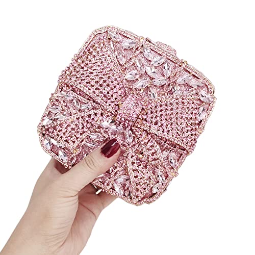 Bowknot Cute Women Crystal Box Clutch Evening Bags Wedding Party Cocktail Rhinestone Handbags and Purses Hollow Evening Bag (pink)