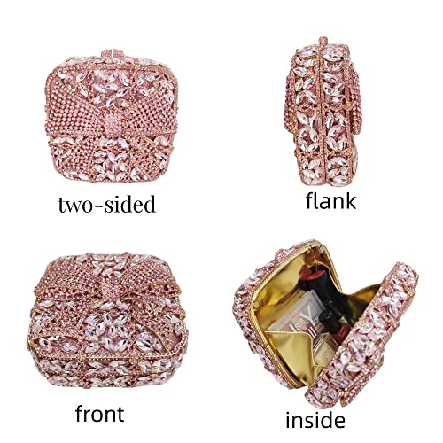 Bowknot Cute Women Crystal Box Clutch Evening Bags Wedding Party Cocktail Rhinestone Handbags and Purses Hollow Evening Bag (pink)