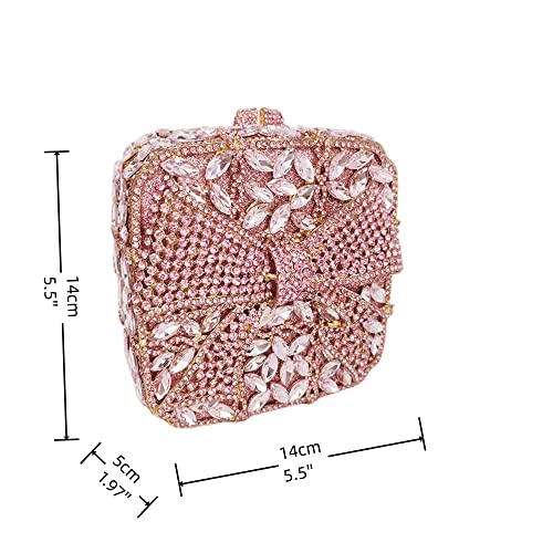 Bowknot Cute Women Crystal Box Clutch Evening Bags Wedding Party Cocktail Rhinestone Handbags and Purses Hollow Evening Bag (pink)