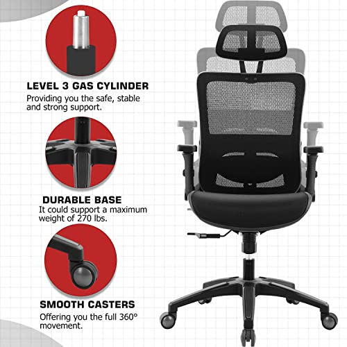 Office Chair Ergonomic Mesh Chair High Back Computer Desk Chair Adjustable Lumbar Support Rotating Chair with 3D Armrest and Headrest Reclining Chair, Black