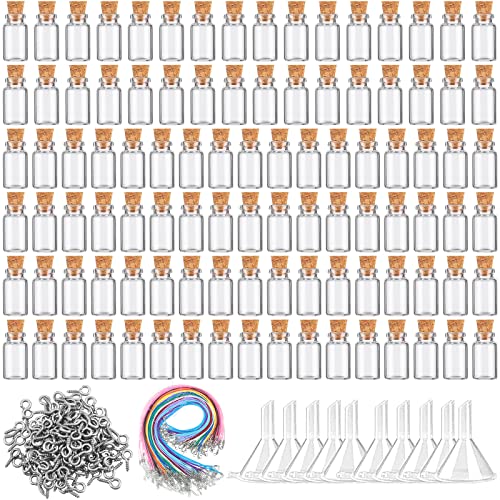 Mimorou 100 Pcs Mini Glass Bottles with Cork Stoppers 2 ml Clear Small Jars 0.07oz Vials Sets DIY Decorative Wish Potion Bottles, Including Eye Screws Ropes 10 Funnels