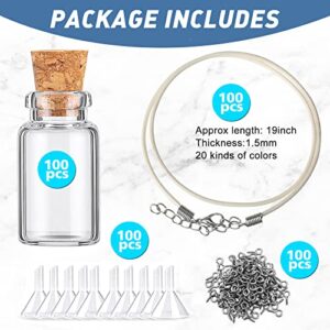 Mimorou 100 Pcs Mini Glass Bottles with Cork Stoppers 2 ml Clear Small Jars 0.07oz Vials Sets DIY Decorative Wish Potion Bottles, Including Eye Screws Ropes 10 Funnels