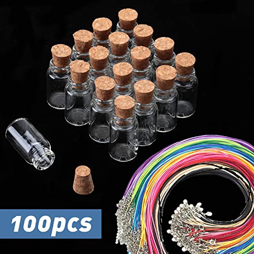 Mimorou 100 Pcs Mini Glass Bottles with Cork Stoppers 2 ml Clear Small Jars 0.07oz Vials Sets DIY Decorative Wish Potion Bottles, Including Eye Screws Ropes 10 Funnels