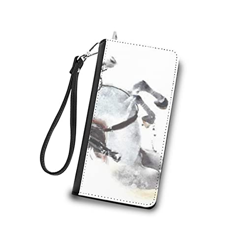 Wristlet Wallets Purse,Horse jumping sport Man watercolor painting on white background,Ladies PU Pockets Large Purse